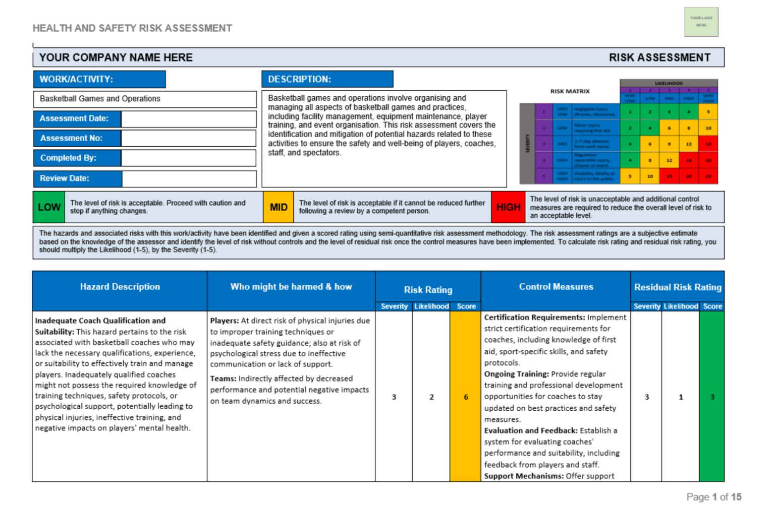 Basketball Risk Assessment - ACI Safety