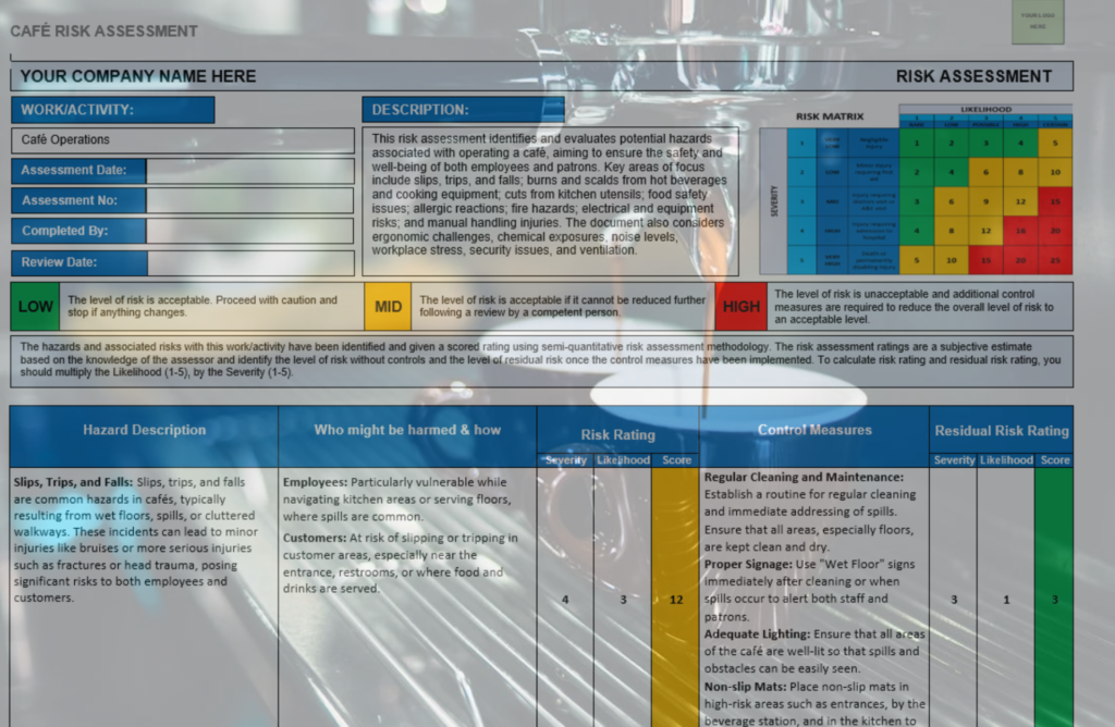 Café Risk Assessment Template, MS Word, Fully Editable, Add Your ...