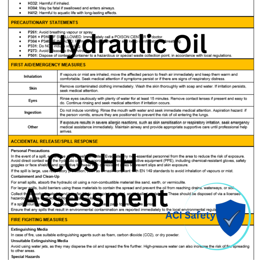 Hydraulic Oil COSHH Assessment Template – MS Word – acisafety.co.uk